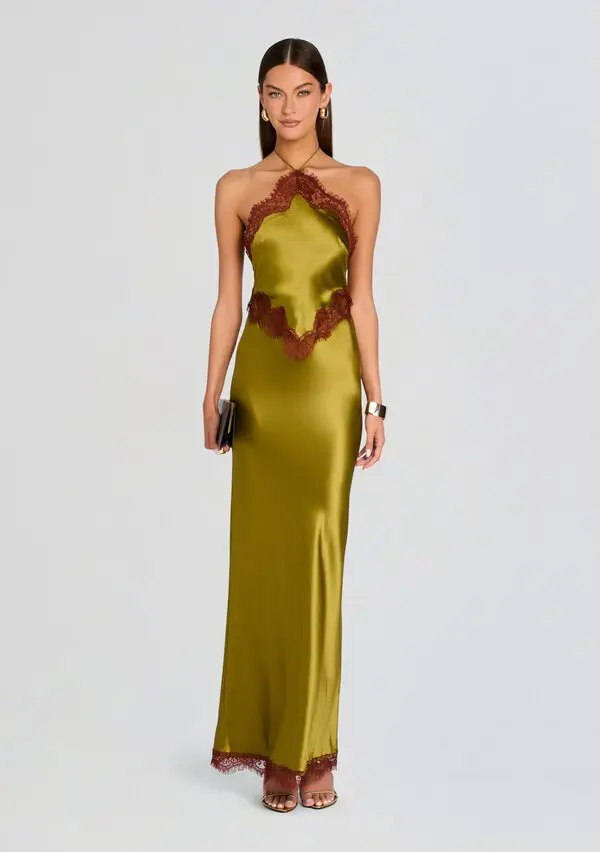 Retrofete Everly Lace Trim Halterneck Maxi Dress - Basil/cigar