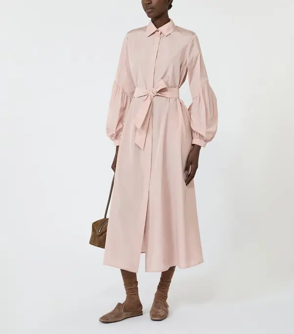 Max Mara Taffeta Maxi Shirt Dress With Puff Sleeves And Belt