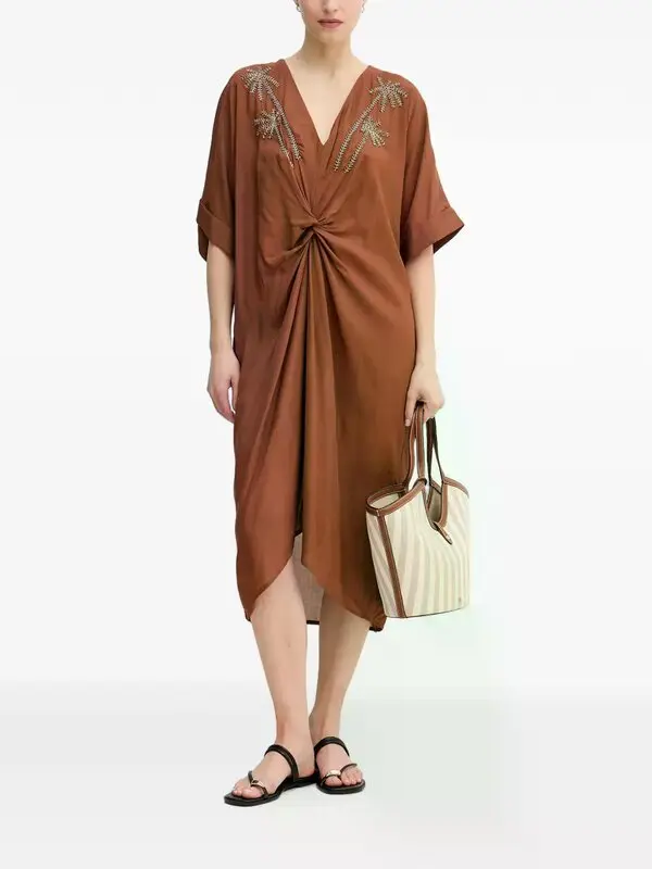 Lola Casademunt Bead-embellished Twist-front Midi Dress - Brown