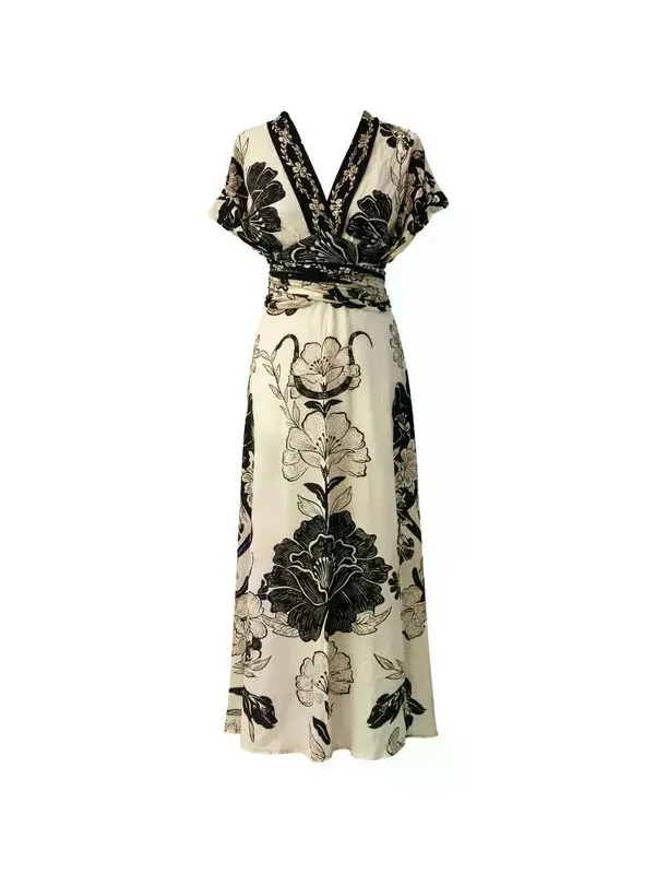 PAHIESA FORMENTERA Floral Print V-neck Maxi Dress - Neutrals