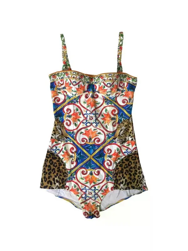 Dolce & Gabbana Majolica-print Leopard-pattern Swimsuit - White