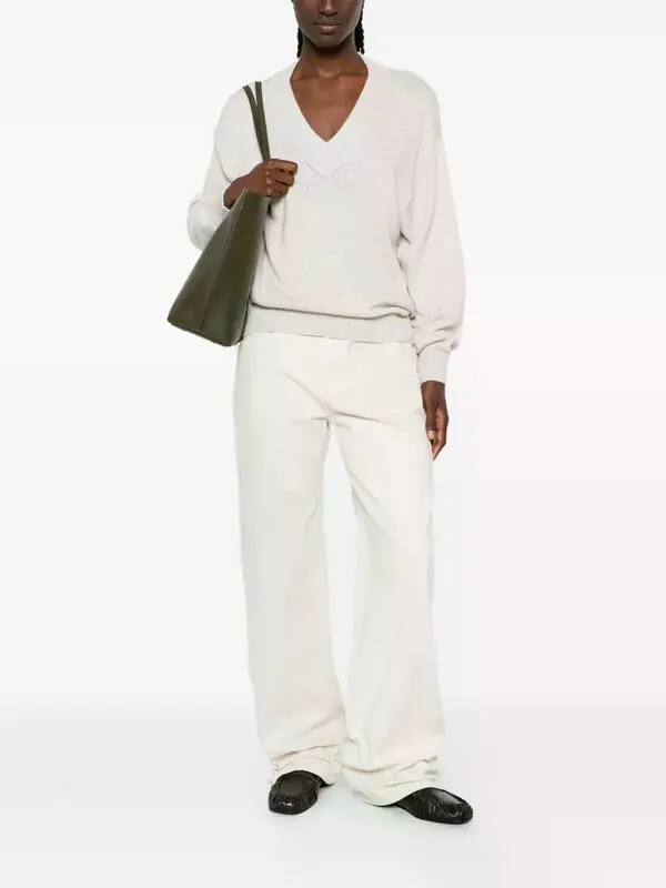 Brunello Cucinelli Beige Cotton Pressed Crease Wide Leg Jeans