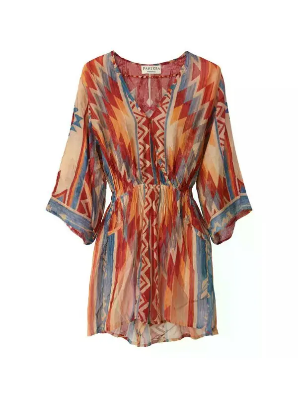 PAHIESA FORMENTERA Geometric Print V-neck Mini Dress