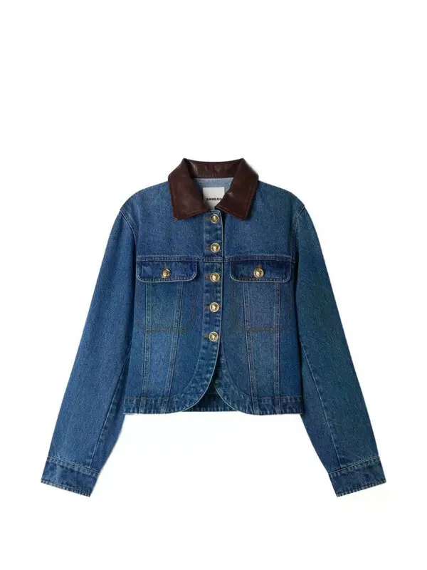 Sandro Leather-collar Button-up Denim Jacket - Blue