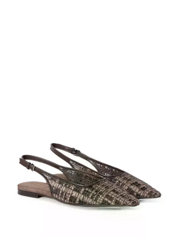 Brunello Cucinelli Precious Check Embroidery Slingback Flats In Suede - Brown