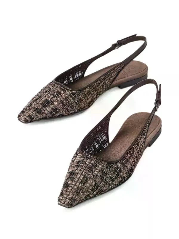 Brunello Cucinelli Precious Check Embroidery Slingback Flats In Suede