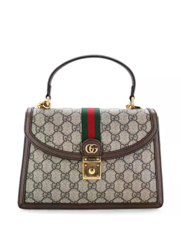 Gucci Ophidia Flap Top Handle Bag Gg Coated Canvas Small Satchel - Brown