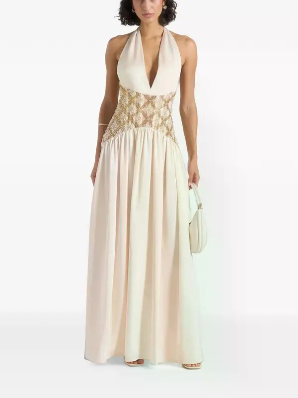 Manière De Voir Maniere De Voir Halterneck Embellished Corset Maxi Dress - Neutrals