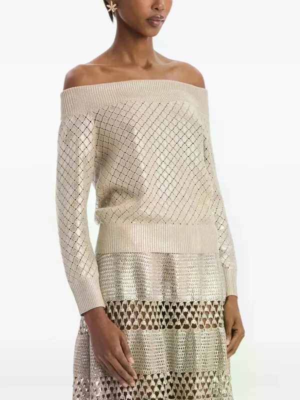 Oscar De La Renta Silver Foil Off-shoulder Pullover
