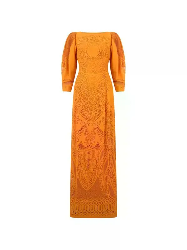 Alberta Ferretti Lace-detail Long-sleeve Maxi Dress - Orange