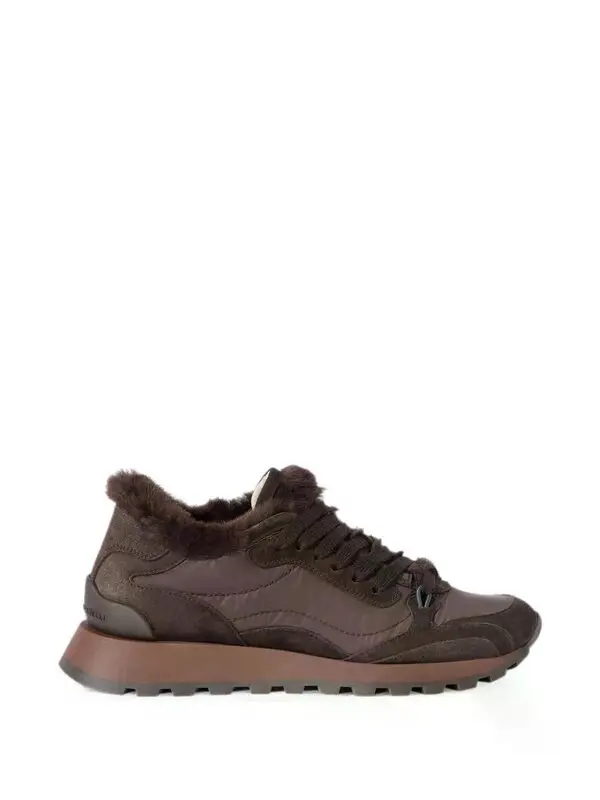 Brunello Cucinelli Suede And Techno-fabric Runners With Shearling Lining And Monili