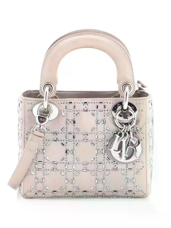 Dior Lady Bag Crystal Embellished Cannage Quilt Satin Mini Satchel - Neutrals