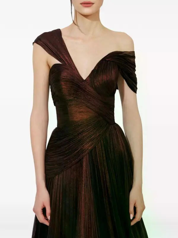 IRIS SERBAN Feather-trimmed Pleated Maxi Dress