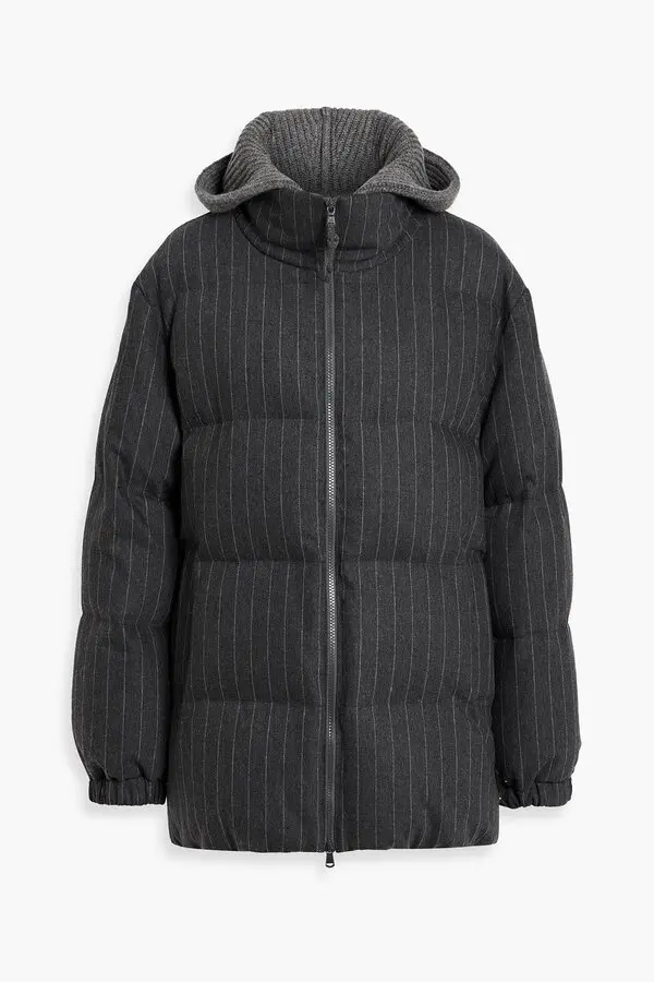 Brunello Cucinelli Quilted Pinstriped Woolblend Hooded Down Coat