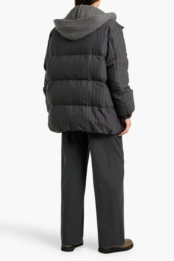 Brunello Cucinelli Quilted Pinstriped Woolblend Hooded Down Coat