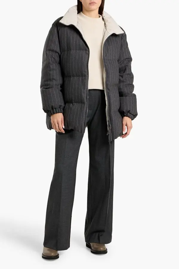 Brunello Cucinelli Quilted Pinstriped Woolblend Hooded Down Coat