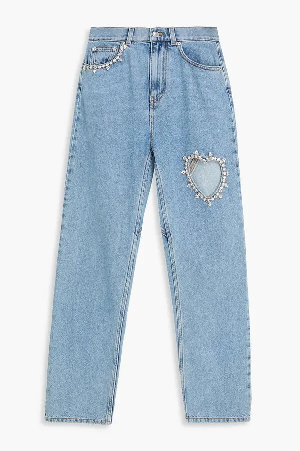 AREA Cutout Crystalembellished Highrise Straightleg Jeans - Mid Denim