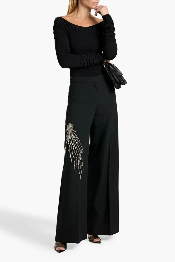 Alexander McQueen Embellished Grain De Poudre Wool Wideleg Pants