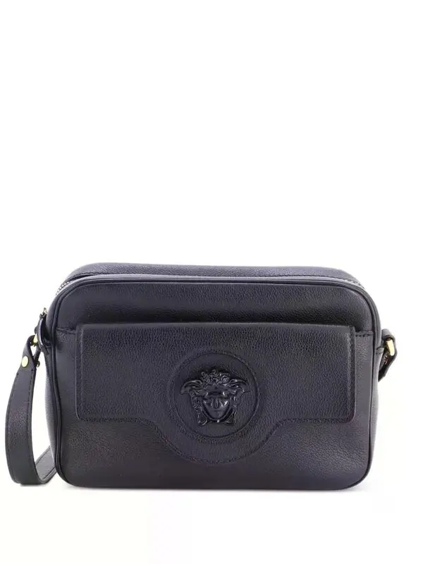 Versace La Medusa Flap Pocket Camera Bag Leather Small Crossbody Bag - Black