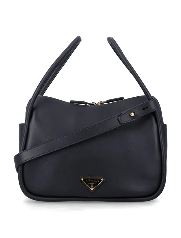 Prada Calf Leather Handbag With Enamel Triangle Logo - Nero