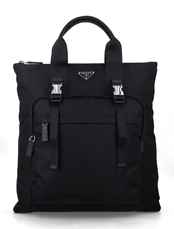Prada Printada Re-nylon Tote Handbag With Saffiano Leather Trim And Zip Closure - Nero