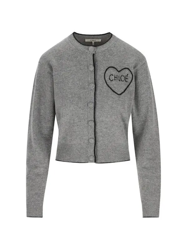 Chloé Contrast Trim Embroidered Logo Wool Cardigan - Grigio