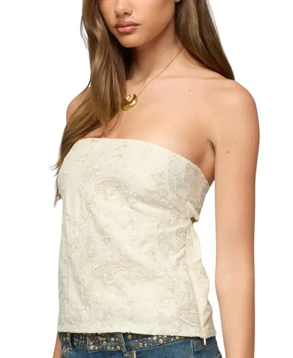 EDIKTED Cheyne Embroidered Strapless Top
