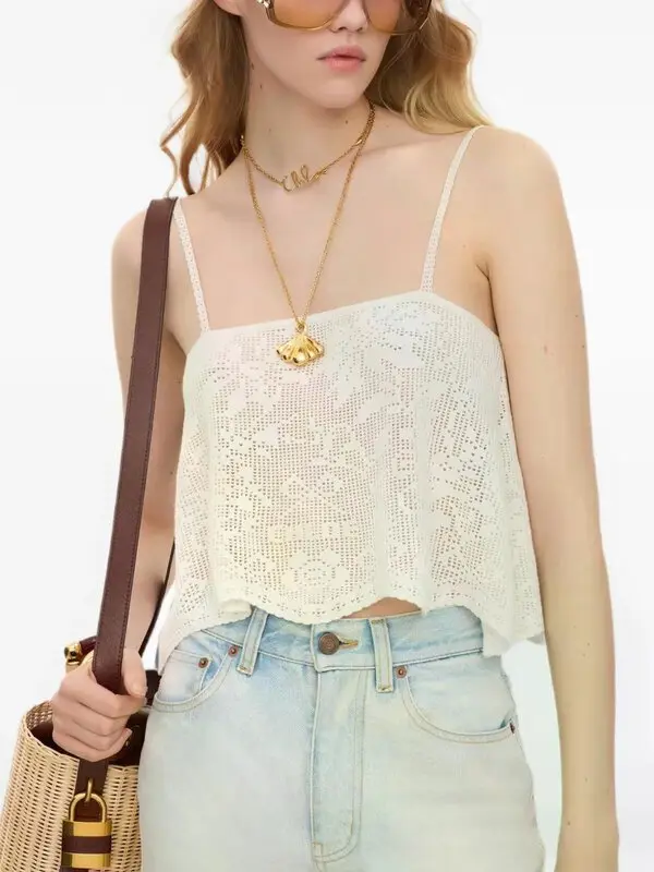 Chloé Crochet Knit Scalloped Hem Camisole Top - White