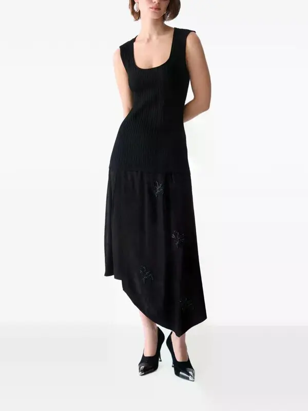 Liu Jo Asymmetrical Knit And Jacquard Midi Dress With Jewel Embroidery