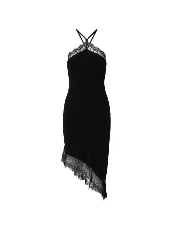 Liu Jo Knit Midi Dress With Lace Trim And Asymmetrical Hem - Black