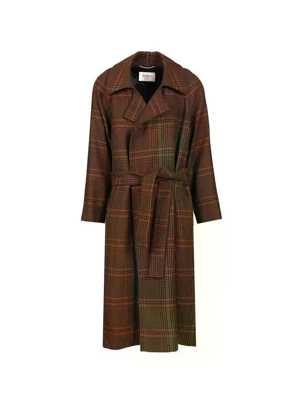 Saint Laurent Belted Plaid Coat