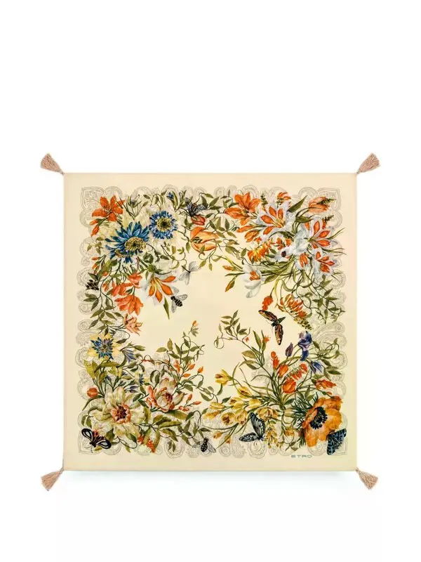Etro Floral-print Tassel-detail Scarf - Neutrals