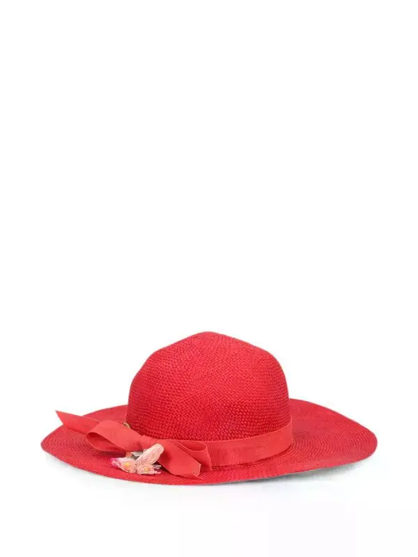 Vintage Sun Hat With Floral Embellishments And Bow Detail - Red