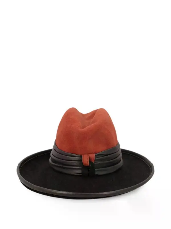 Vintage Leather-trimmed Fedora Hat - Black