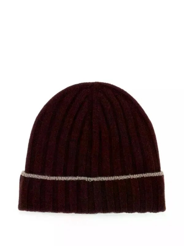 Brunello Cucinelli Ribbed Knit Contrast Stripe Beanie Hat - Red