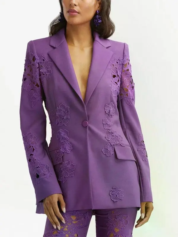Oscar De La Renta Hyacinth Virgin Wool-mohair Blend Lace Insert Tailored Blazer