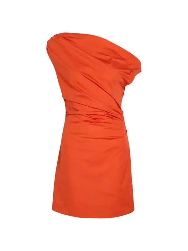 Staud Asymmetric Gathered Stretch-cotton Mini Dress - Orange
