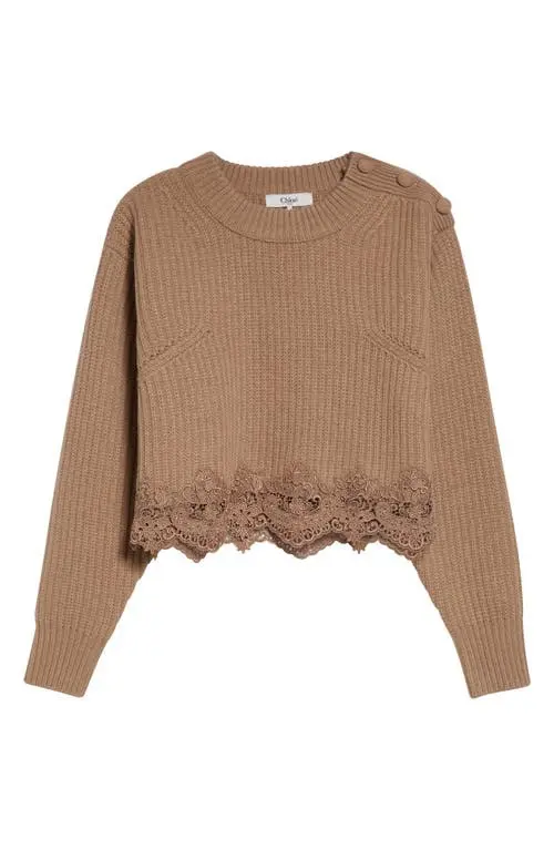 Chloé Guipure Lace Hem Wool & Cashmere Crop Sweater - Bleached Brown