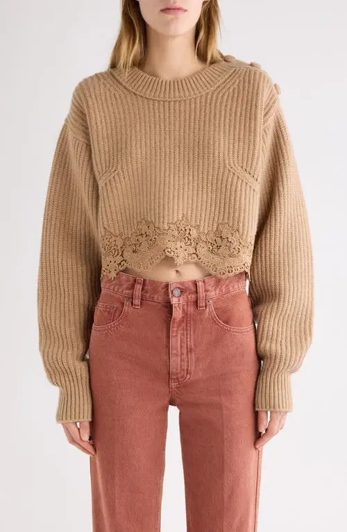 Chloé Ribbed Wool & Cashmere Crop Sweater With Guipure Lace Trim - Bleached Brown