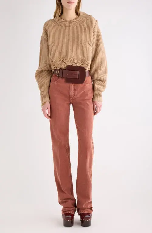 Chloé Ribbed Wool & Cashmere Crop Sweater With Guipure Lace Trim - Bleached Brown