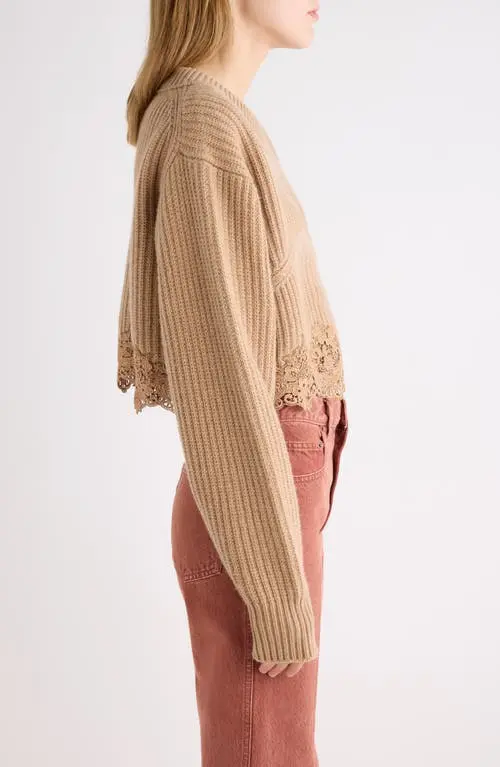 Chloé Ribbed Wool & Cashmere Crop Sweater With Guipure Lace Trim - Bleached Brown