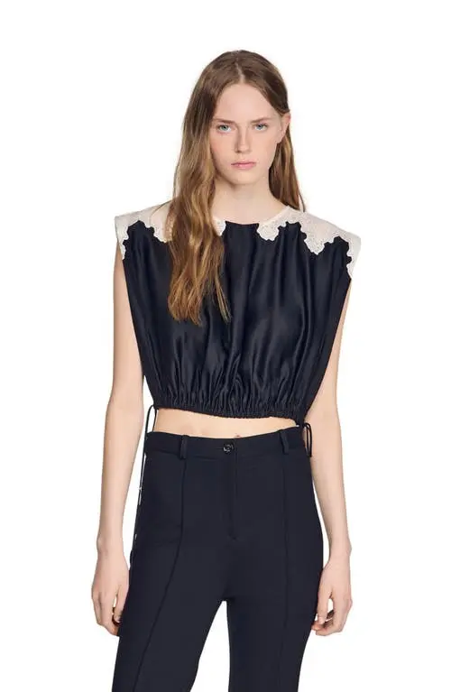 Sandro Contrast Lace Crop Top