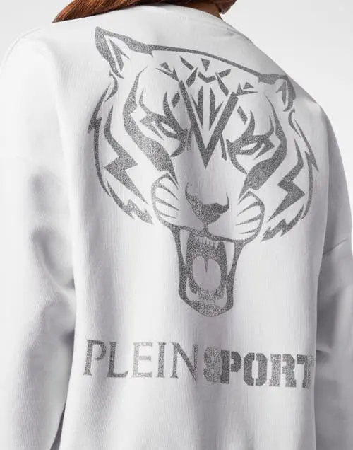 PLEIN SPORT Cropped Long Sleeve Sweatshirt With Glitter Tiger Graphic