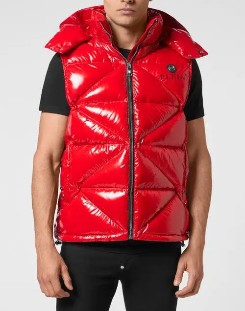 Philipp Plein Sleeveless Quilted Puffer Jacket With Hood - Red