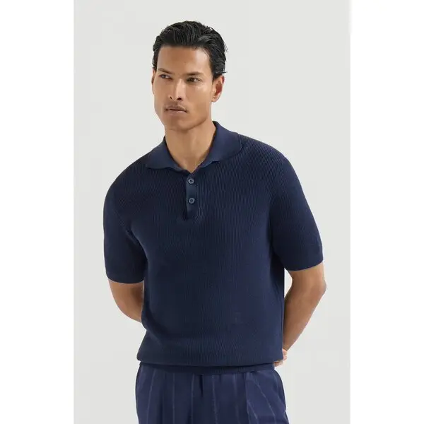 Brunello Cucinelli Cotton English Rib Knit Polo Shirt - Navy Blue
