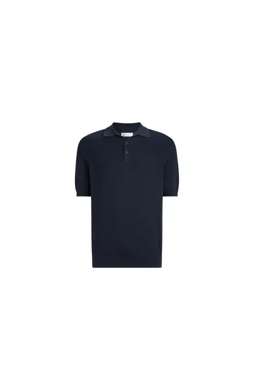 Brunello Cucinelli Cotton English Rib Knit Polo Shirt - Navy Blue