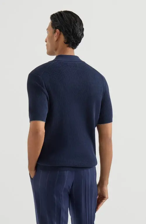 Brunello Cucinelli Cotton English Rib Knit Polo Shirt - Navy Blue
