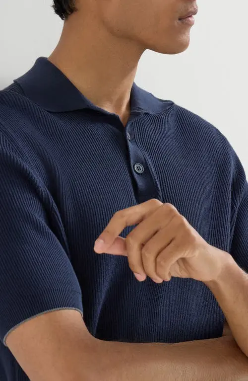 Brunello Cucinelli Cotton English Rib Knit Polo Shirt - Navy Blue
