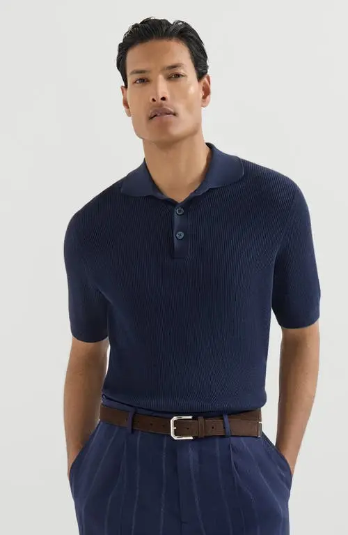 Brunello Cucinelli Cotton English Rib Knit Polo Shirt - Navy Blue