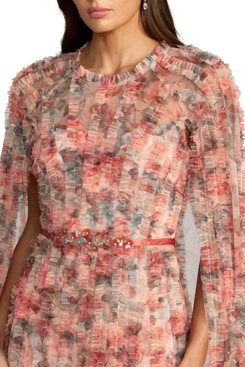 Mac Duggal Floral Mesh High Neck Cape Sleeve Ruffle Gown